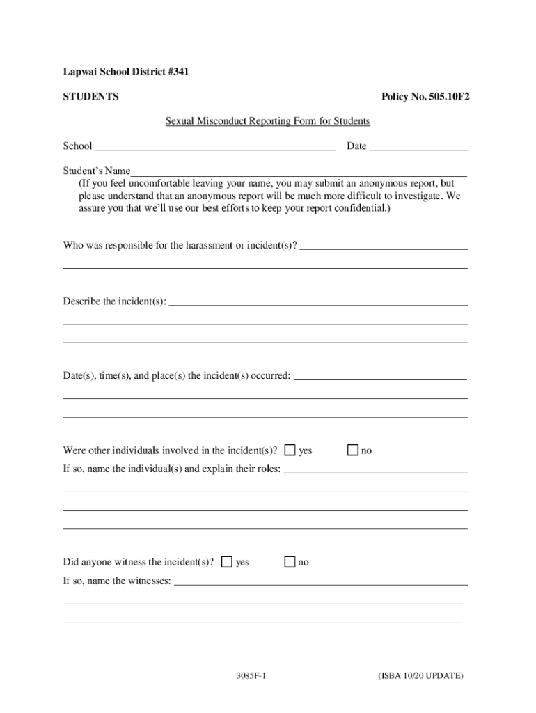 Fillable Online Sexual Misconduct Reporting Form for Students Fax Email ...