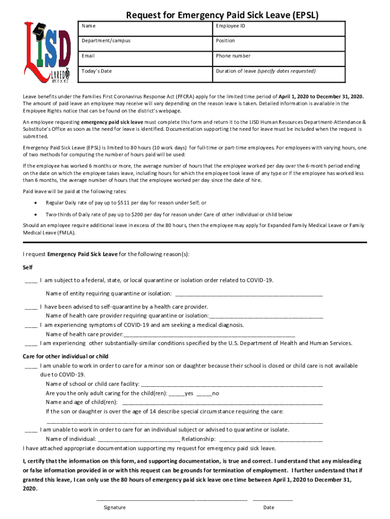 Fillable Online Request for Emergency Paid Sick Leave (EPSL) Fax Email Print - pdfFiller