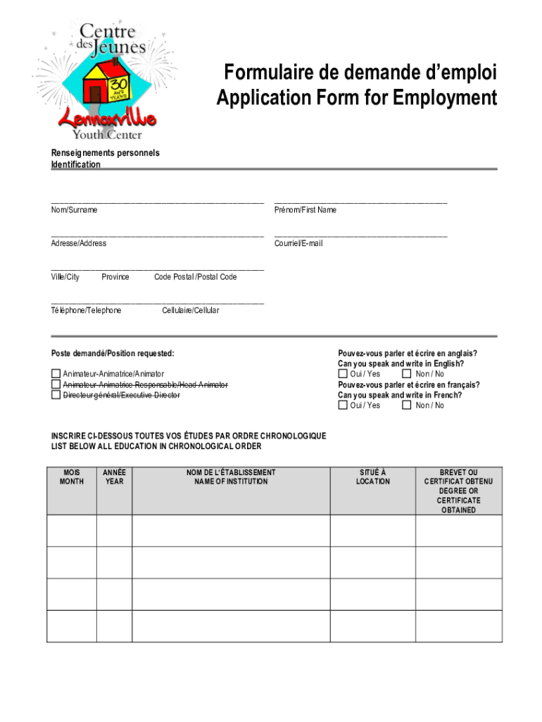 Fillable Online Application Form-Formulaire de demande d'emploi2016 ...
