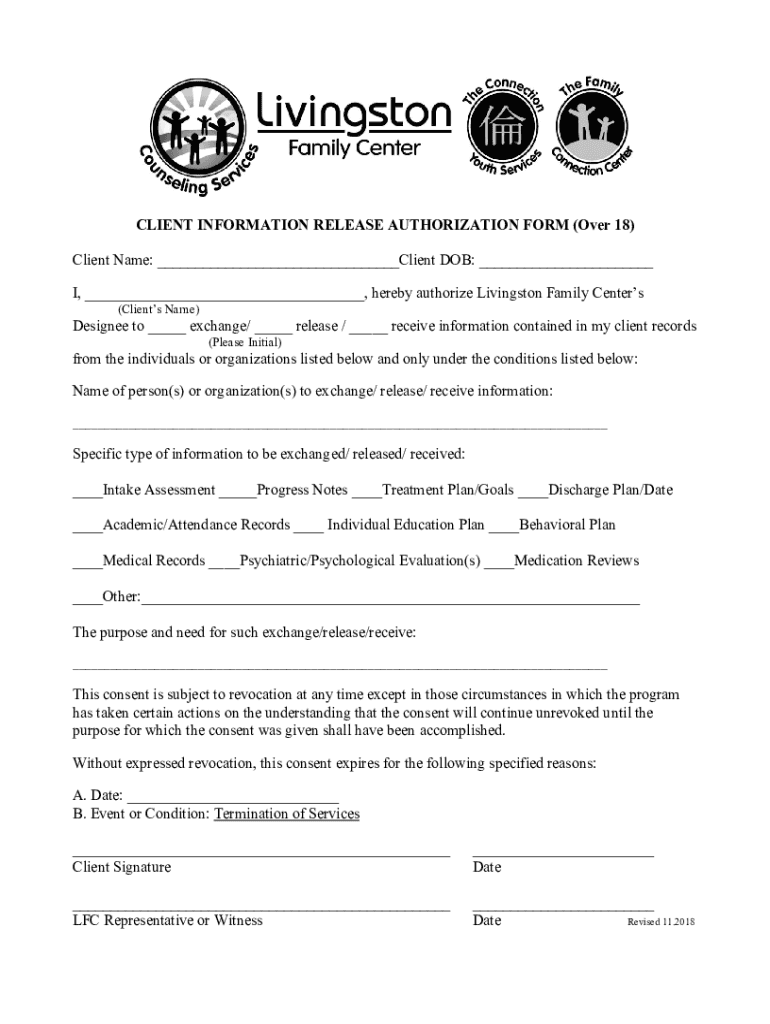 Fillable Online CLIENT INFORMATION RELEASE AUTHORIZATION FORM (Over 18 ...