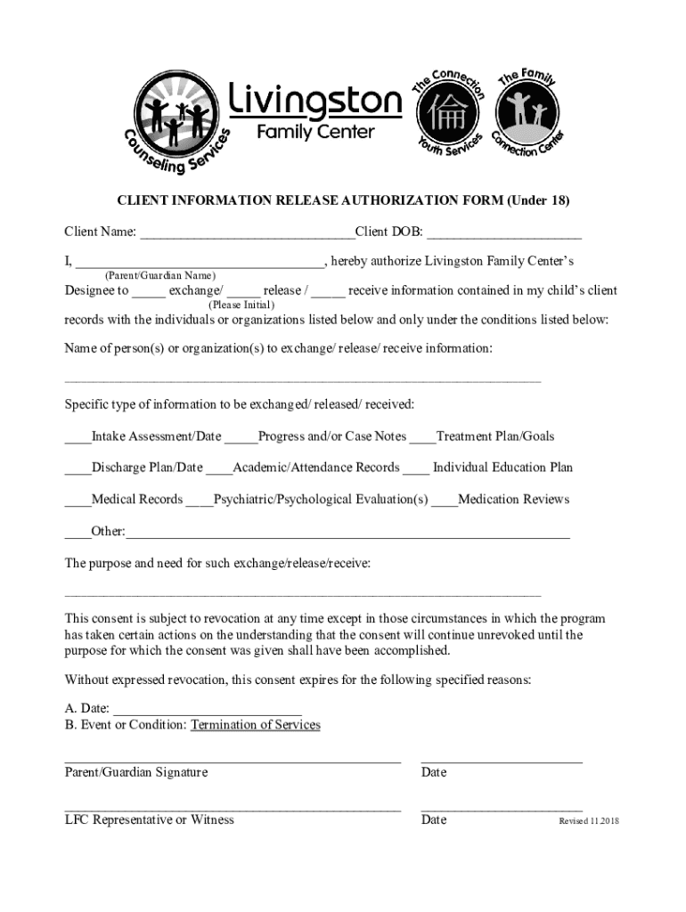 Fillable Online CLIENT INFORMATION RELEASE AUTHORIZATION FORM (Under 18) Fax Email Print - pdfFiller