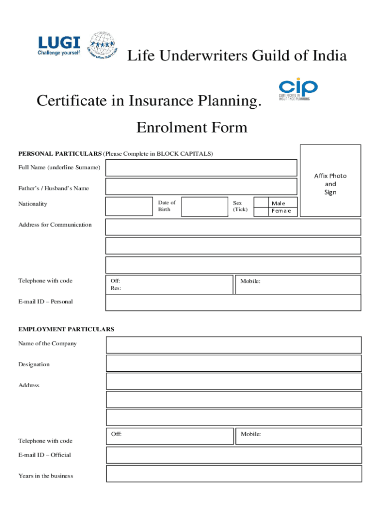 Fillable Online CIP Enrolment Form - Life Underwriters Guild of India ...