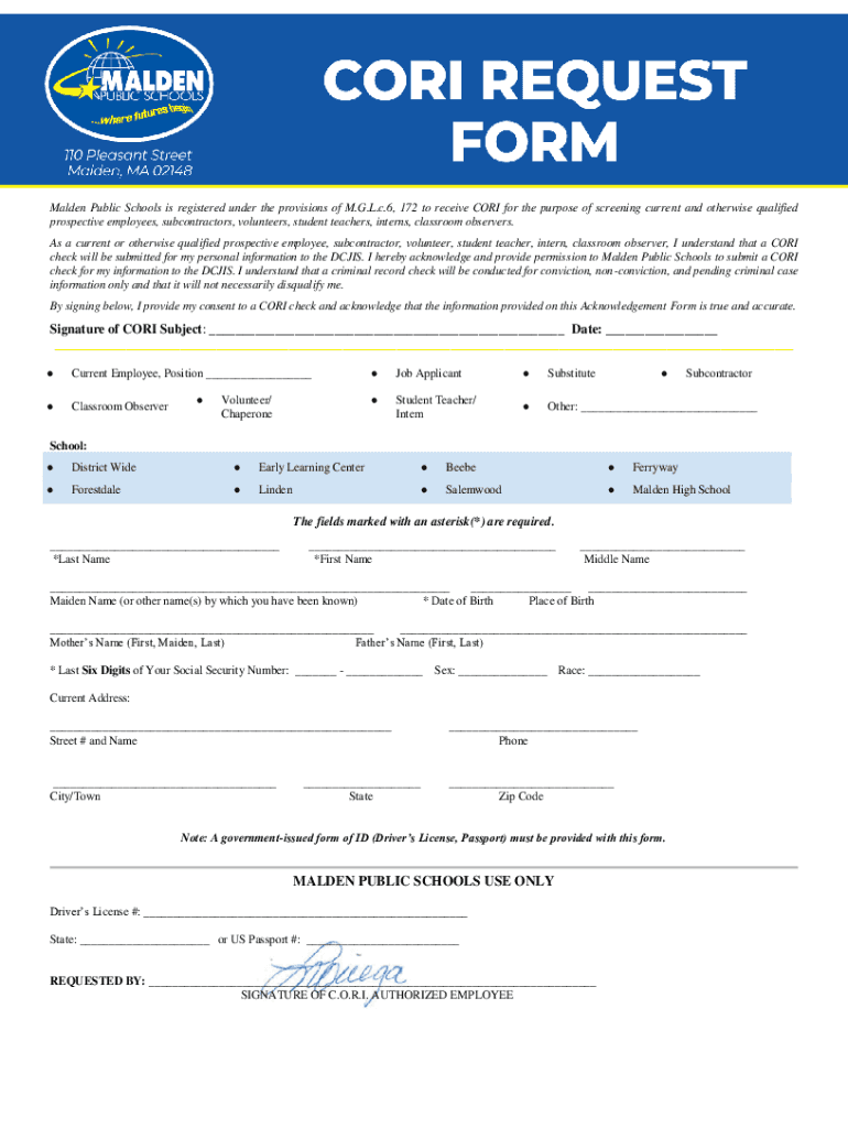 Fillable Online TO BE USED BY ORGANIZATIONS CONDUCTING CORI CHECKS FOR ...