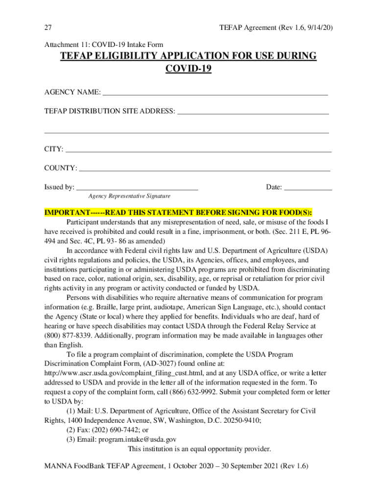 Fillable Online 27 TEFAP Agreement (Rev 1.6, 9/14/20) Attachment 11 ...