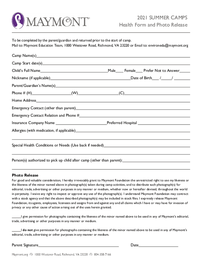 Fillable Online 2021 Summer Camp Health Form DRAFT.doc Fax Email Print ...
