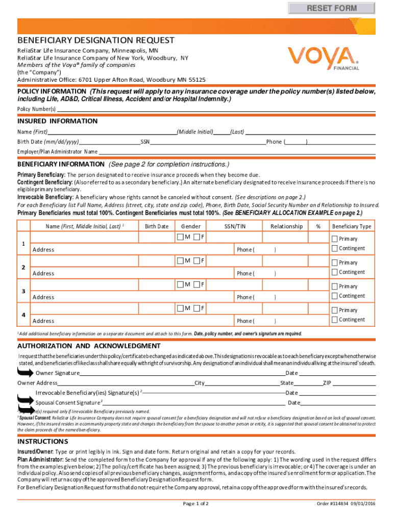 Fillable Online Reliastar Life Insurance Company Forms - Fill Online ...