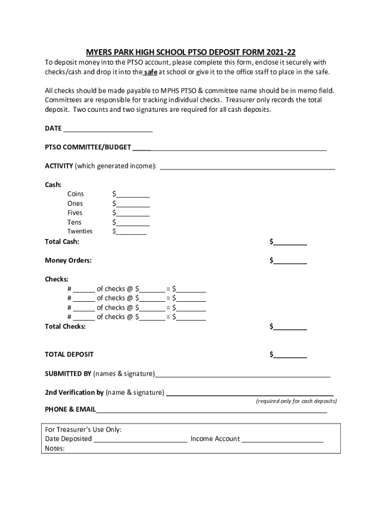 Fillable Online MYERS PARK HIGH SCHOOL PTSO DEPOSIT FORM 2021-22 Fax ...