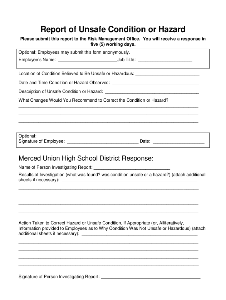 Fillable Online Report of Unsafe Condition or Hazard - MUHSD Fax Email ...