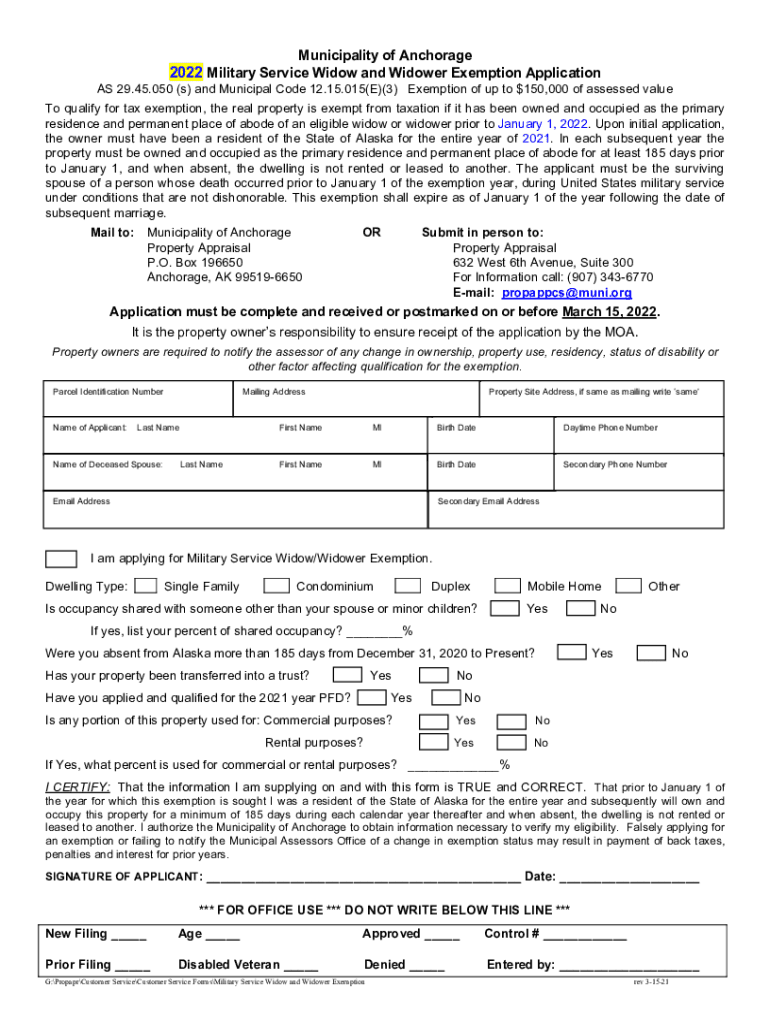 Fillable Online 2022 Military Service Widow and Widower Exemption ...