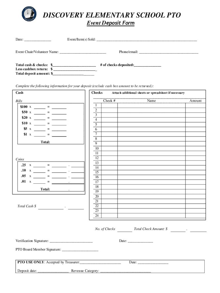Fillable Online discoveryelementary my-pto Cash Box Deposit Form ...
