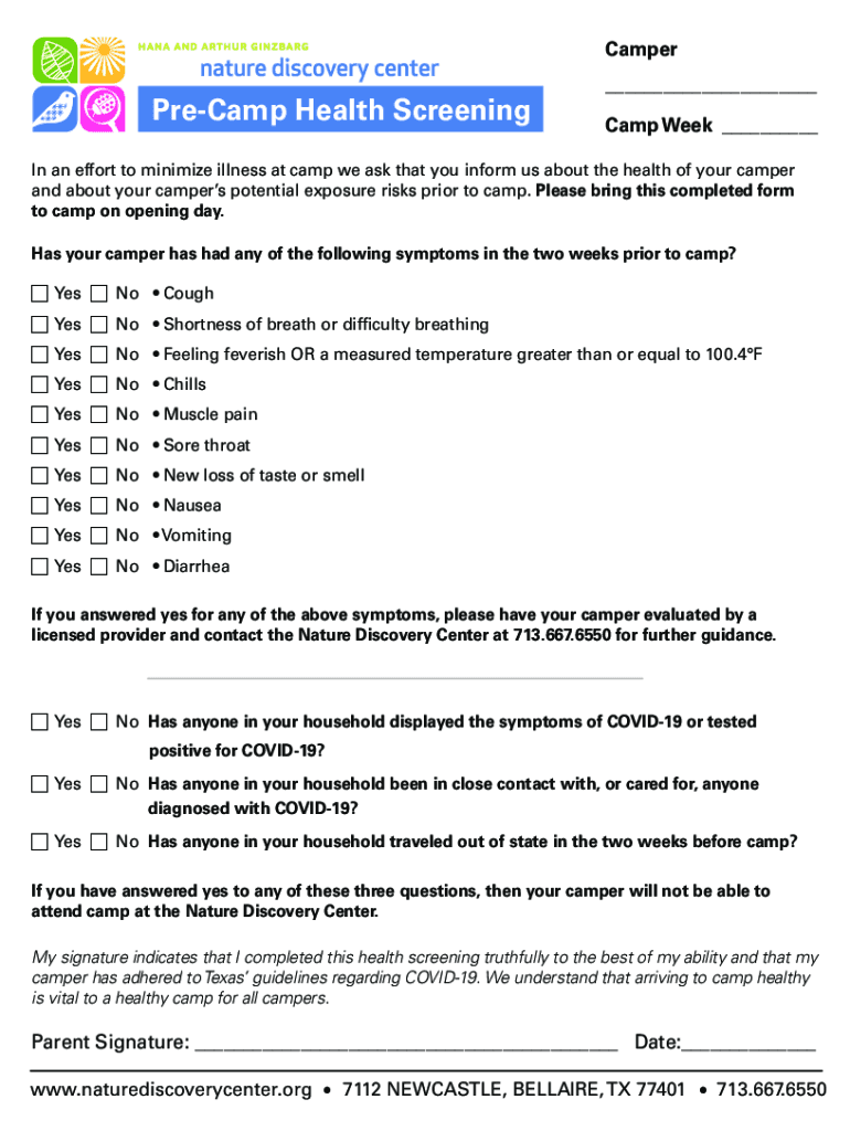 Fillable Online 2021 camp health screening forms - Nature Discovery ...