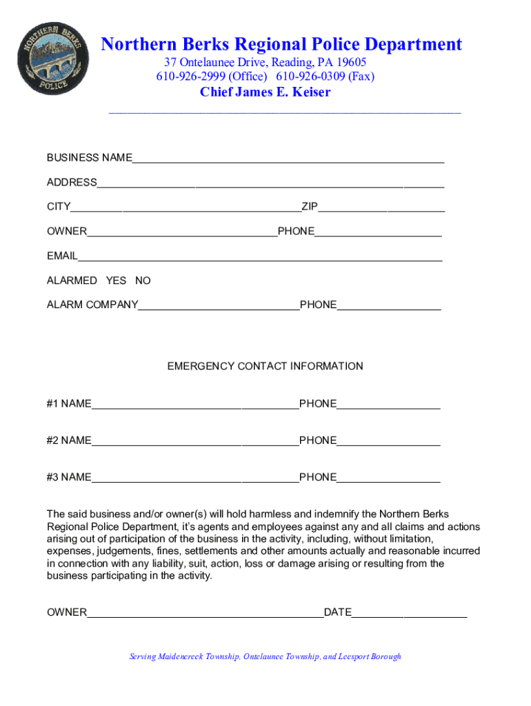 Fillable Online Northern Berks Regional Police Department ...