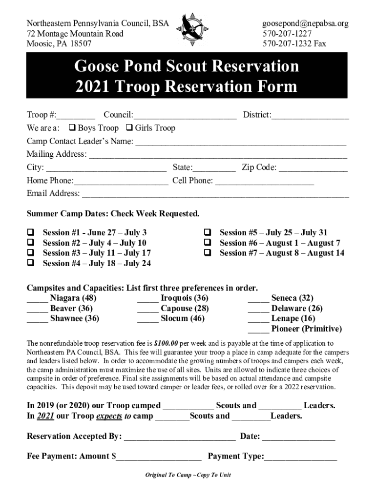 Fillable Online Goose Pond Scout Reservation - ScoutWiki Fax Email ...