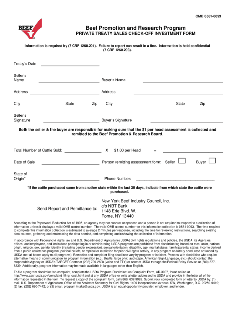 Fillable Online Beef Checkoff Private Treaty Form - New York Beef ...