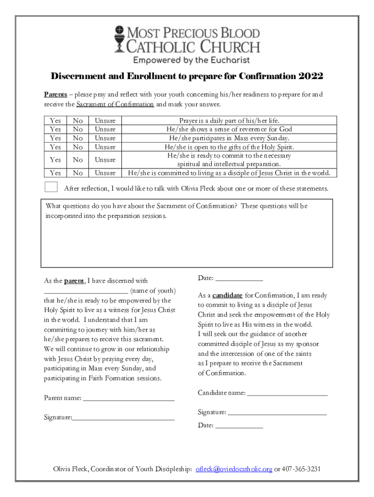 Fillable Online Discernment and Enrollment to prepare for Confirmation 2022 Fax Email Print ...