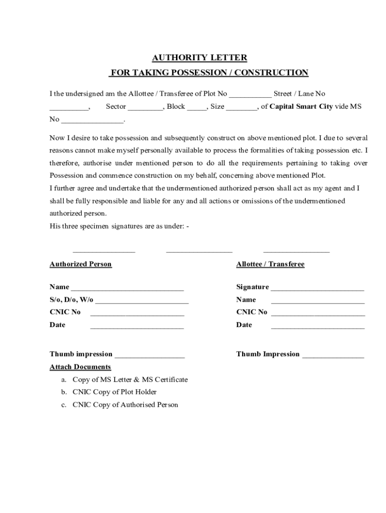 Fillable Online AUTHORITY LETTER FOR TAKING POSSESSION / CONSTRUCTION Fax Email Print - pdfFiller