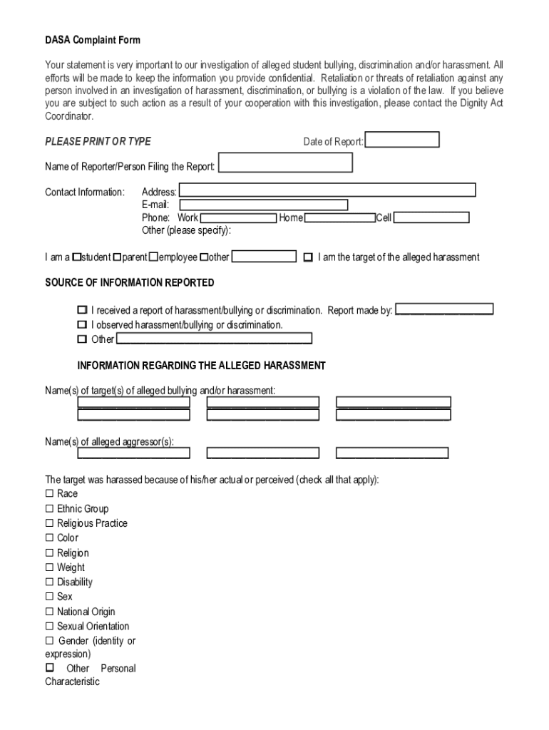 Fillable Online DASA Complaint Form - Peru Central School District Fax ...