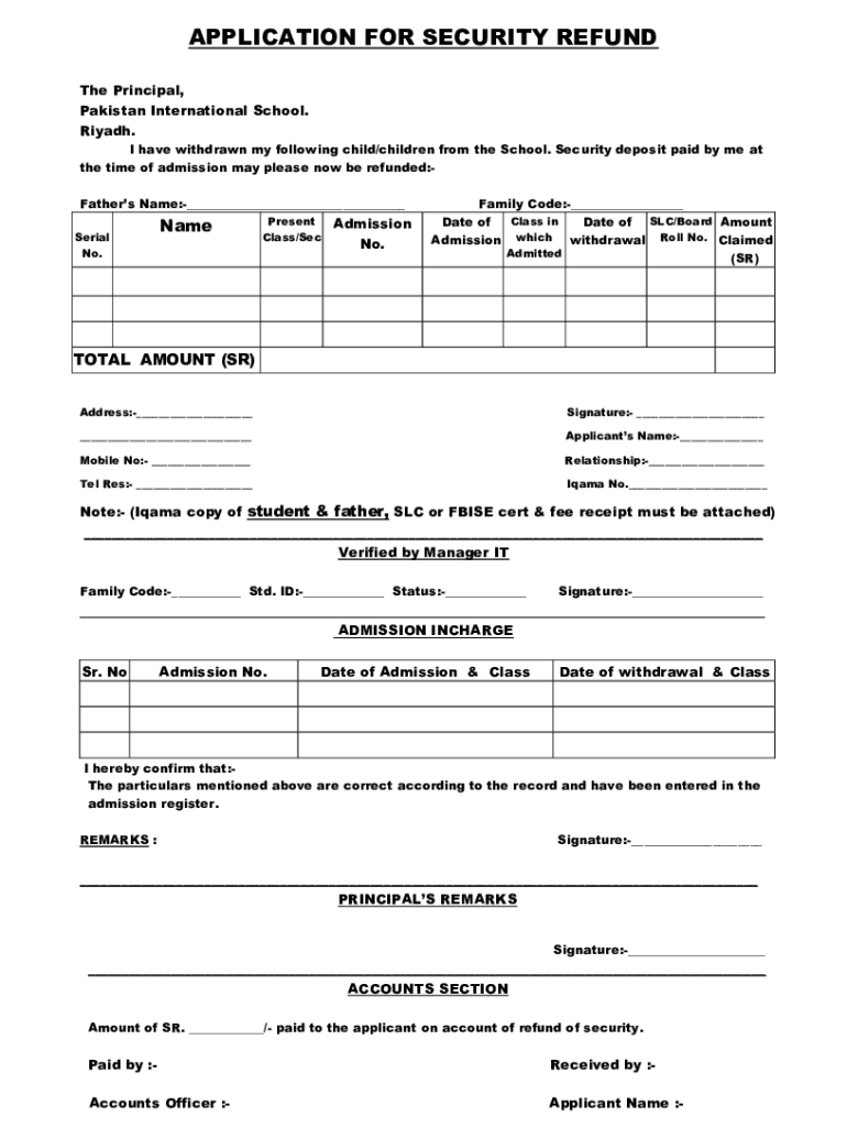 Fillable Online APPLICATION FOR SECURITY REFUND Fax Email Print - pdfFiller