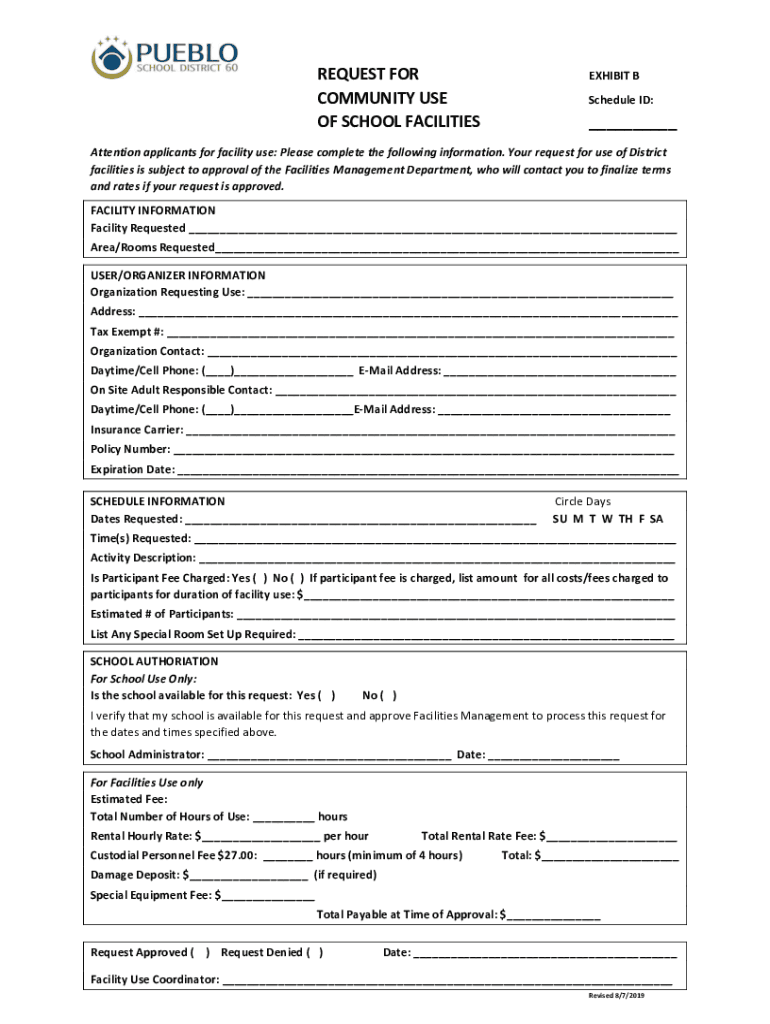Fillable Online REQUEST FOR EXHIBIT B COMMUNITY USE OF SCHOOL ...