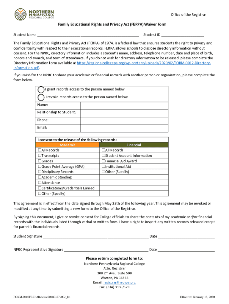 Fillable Online Family Educational Rights and Privacy Act FERPA (Buckley Amendment) Waiver Form ...