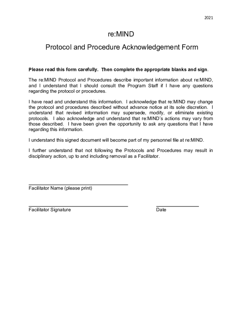 Fillable Online re:MIND Protocol and Procedure Acknowledgement Form Fax ...
