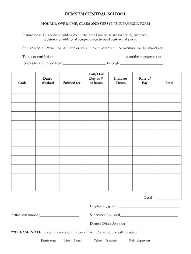 Fillable Online HOURLY, OVERTIME, CLAIM AND SUBSTITUTE PAYROLL FORM Fax ...