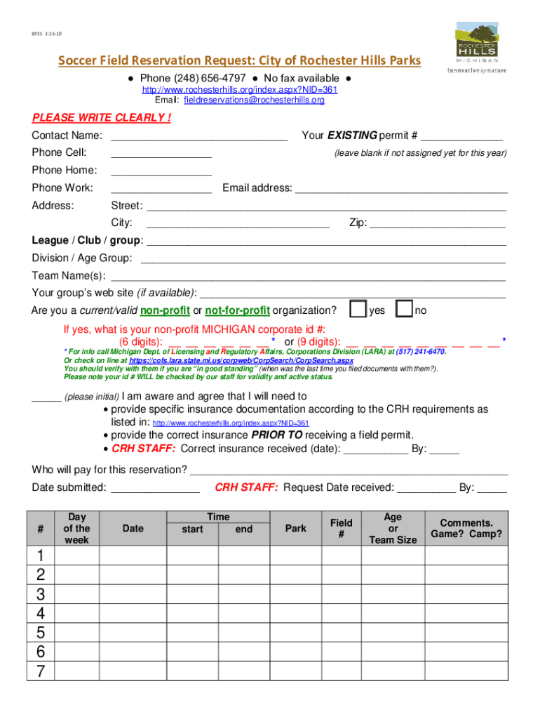 Fillable Online Soccer Field Reservation Request: City of Rochester Hills ... Fax Email Print ...