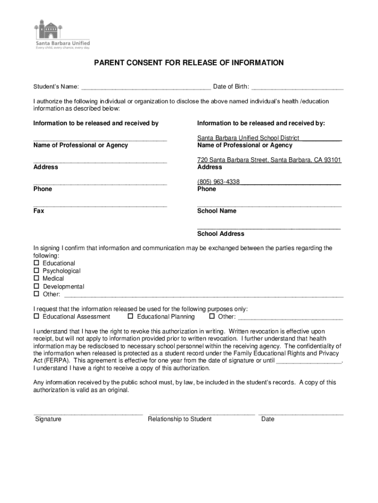 Fillable Online CONSENT TO RELEASE EDUCATIONAL RECORDS OF STUDENT Fax ...