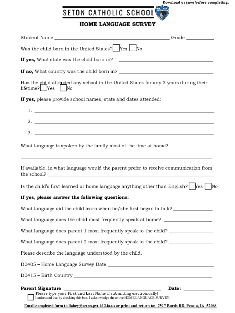 Fillable Online HOME LANGUAGE SURVEY - Seton Catholic School Fax Email ...