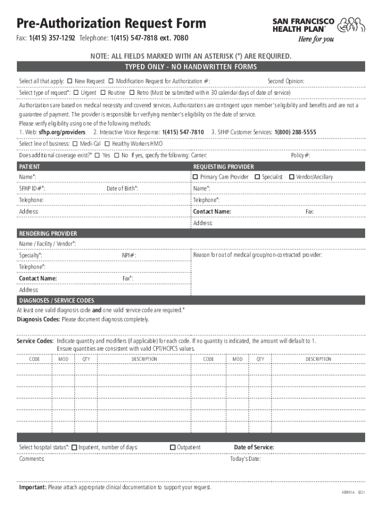 Fillable Online Pre-Authorization Request Form - San Francisco Health Plan Fax Email Print ...