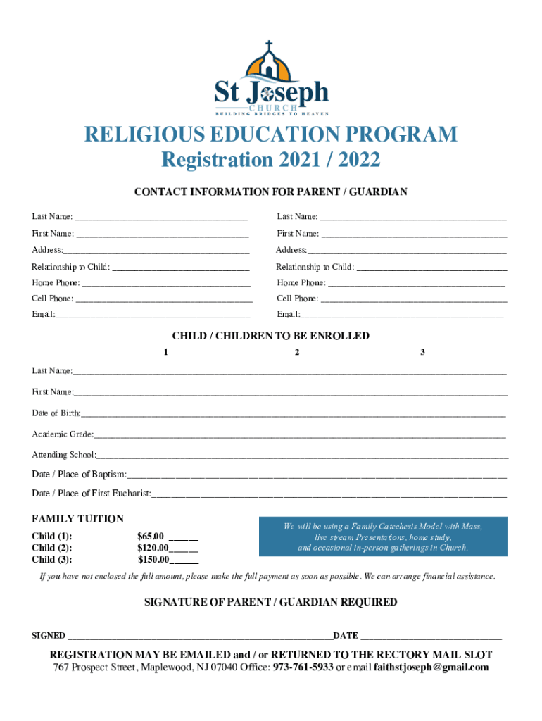 Fillable Online Religious Ed Family Registration Form 2021 Fax Email ...