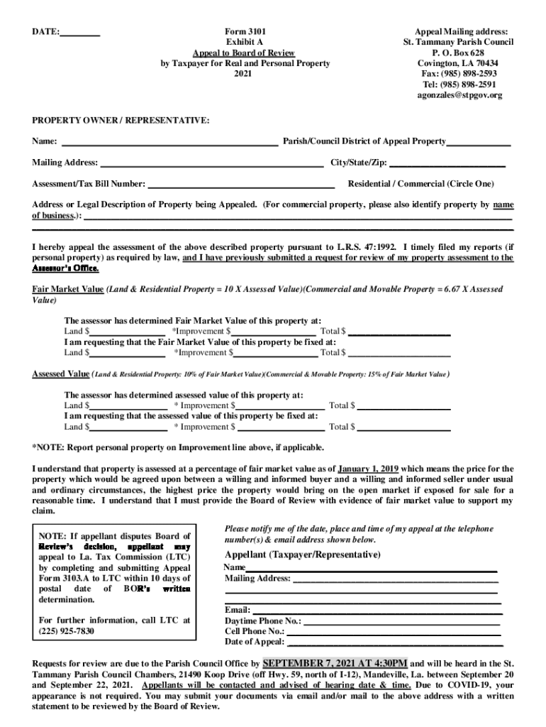 Fillable Online Form 3101 - Exhibit A - Appeal To Board Of Review By ...