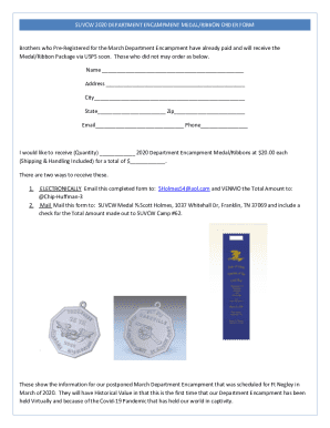 Fillable Online SUVCW 2020 dEPARTMENT eNCAMPMENT mEDAL/rIBBON oRDER ...