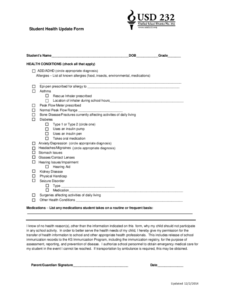 Fillable Online Student Health Update Form - USD 232 Fax Email Print ...