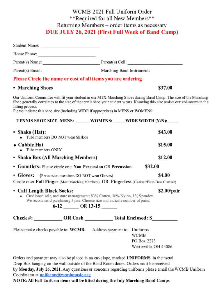 Fillable Online 2021 Summer Uniform Order Form - WCMB Fax Email Print ...
