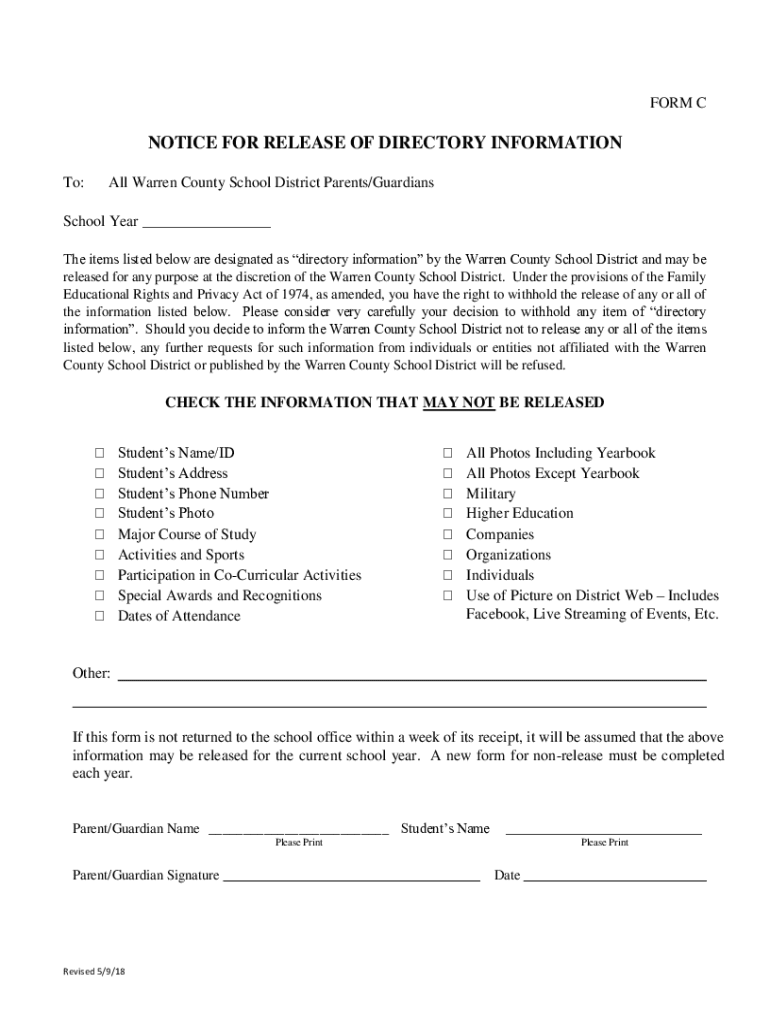 Fillable Online NOTICE FOR RELEASE OF DIRECTORY INFORMATION Fax Email ...