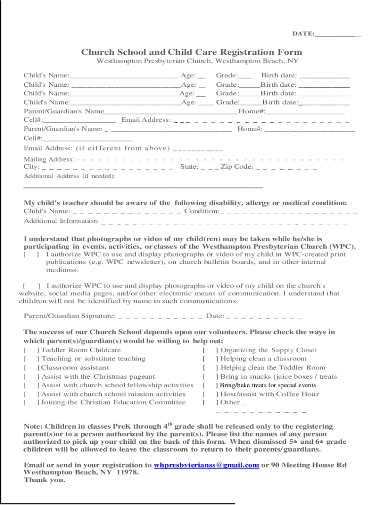 Fillable Online Church School and Child Care Registration Form Fax ...