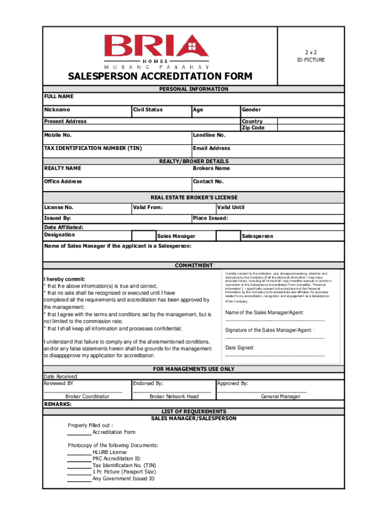 Fillable Online SALESPERSON ACCREDITATION FORM - bria.com.ph Fax Email ...