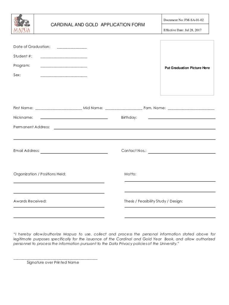 Fillable Online CARDINAL AND GOLD APPLICATION FORM - Mapa University ...