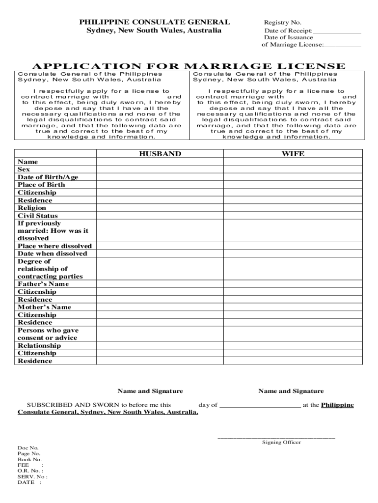 Fillable Online sydneypcg dfa gov APPLICATION FOR MARRIAGE LICENSE For ...