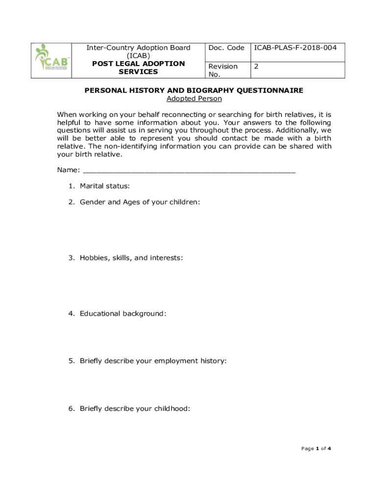 Fillable Online icab gov PERSONAL HISTORY AND BIOGRAPHY QUESTIONNAIRE ...