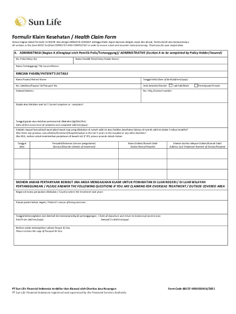 Fillable Online Formulir Klaim Penyakit Kritis / Critical Illness Form ...