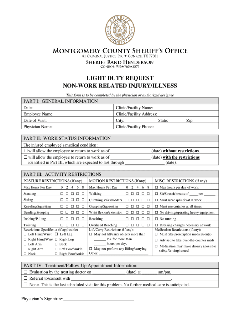 Fillable Online LIGHT DUTY REQUEST NON-WORK RELATED INJURY/ILLNESS Fax ...
