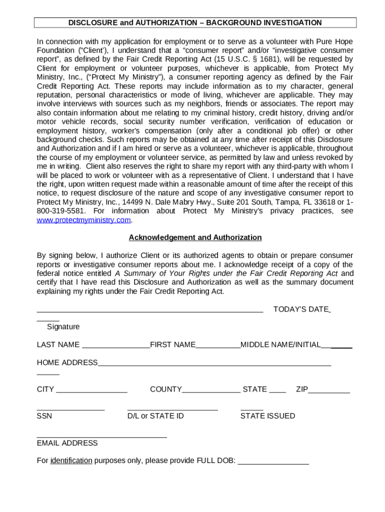 DISCLOSURE and AUTHORIZATION BACKGROUND INVESTIGATION ... Doc Template | pdfFiller