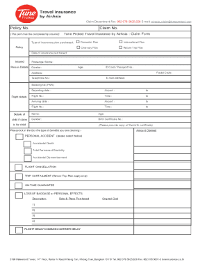 Fillable Online Policy No. Claim No. Tune Protect Travel - : Claim Form ...