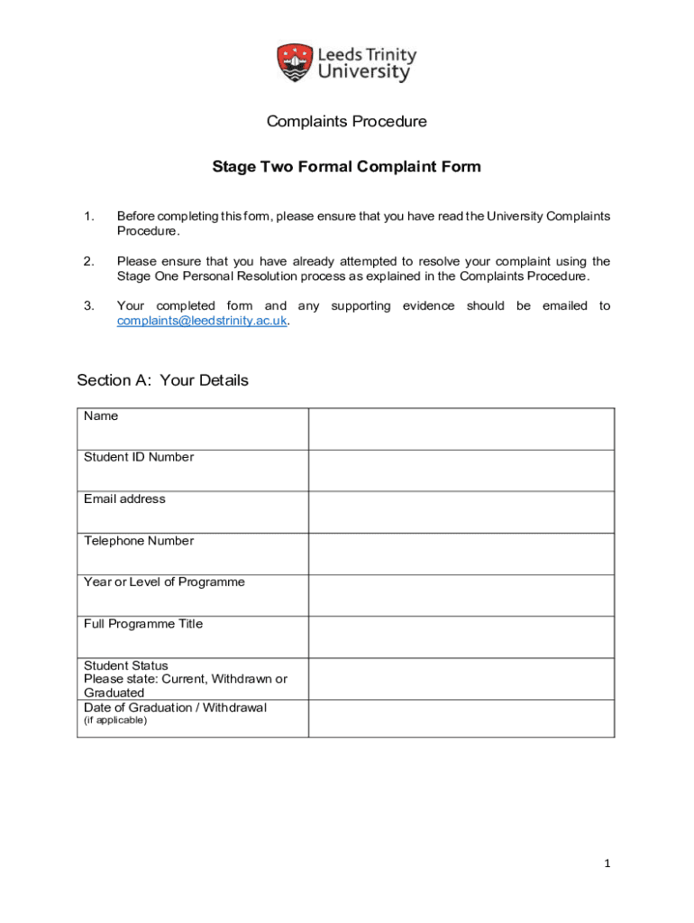 Fillable Online leedstrinity ac Stage Two Formal Complaint Form Fax ...