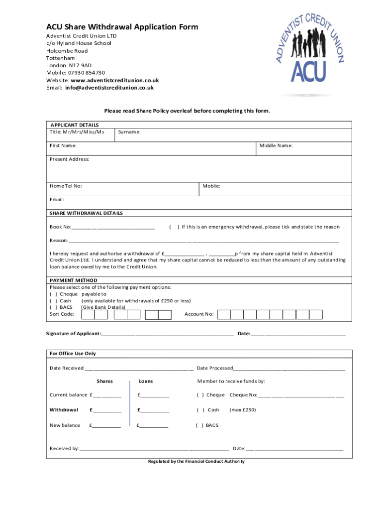 Fillable Online ACU Membership Application Form - Adventist Credit ...