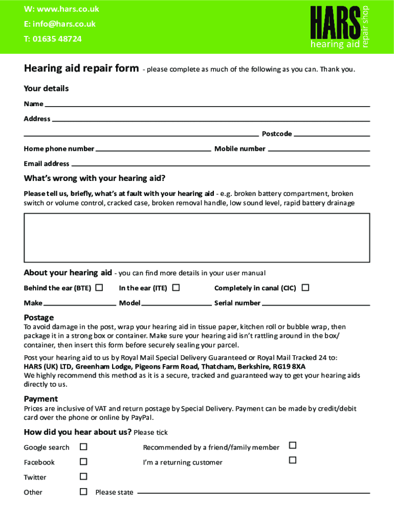 Fillable Online Hearing aid repair form - maryharehearingservices.co.uk ...