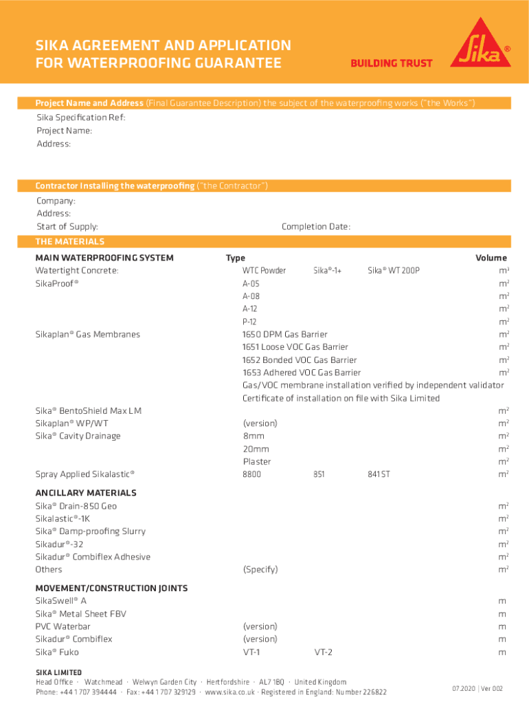 Fillable Online Application for Sika Waterproofing Guarantee Form Feb20 ...