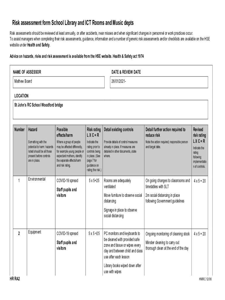 Fillable Online Risk assessment form School Library and ICT Rooms and ...